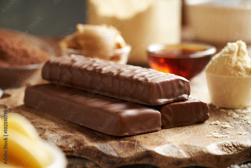 Healthy protein chocolate bars with ingredients - whey protein powder ...