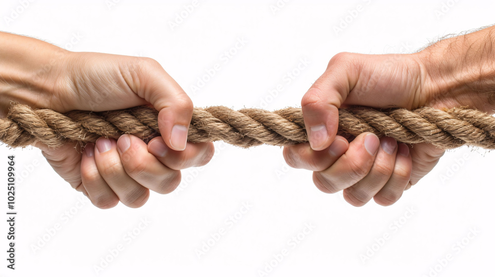 Two hands gripping a thick rope in a tug of war, depicting struggle ...