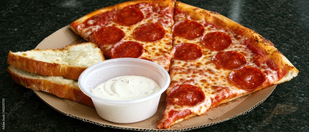 Delicious pepperoni pizza with garlic bread and ranch dressing on a ...