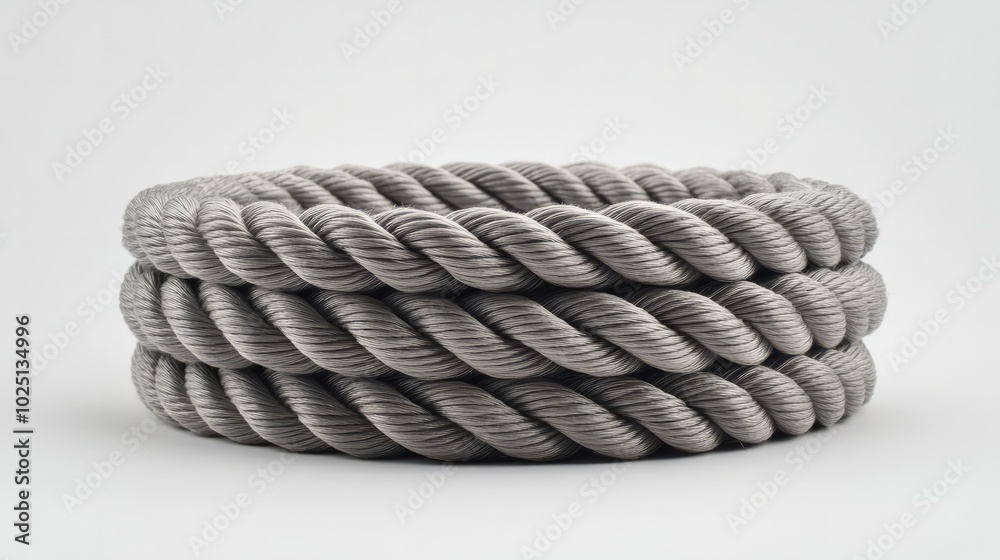 Side view of a thick polyamide (nylon) rope coiled neatly on a smooth ...