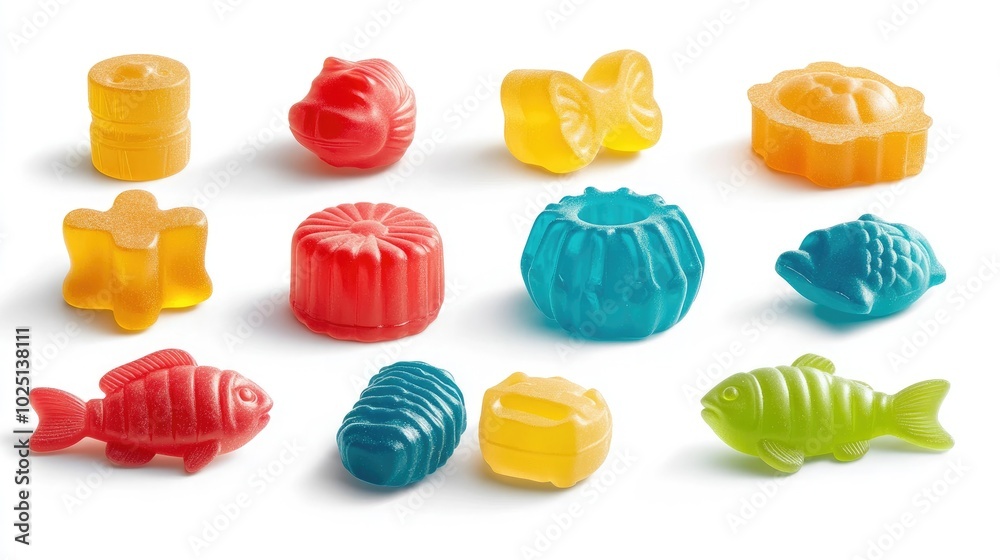 A collection of 3D jelly gummy shapes including gummy worms and fish ...