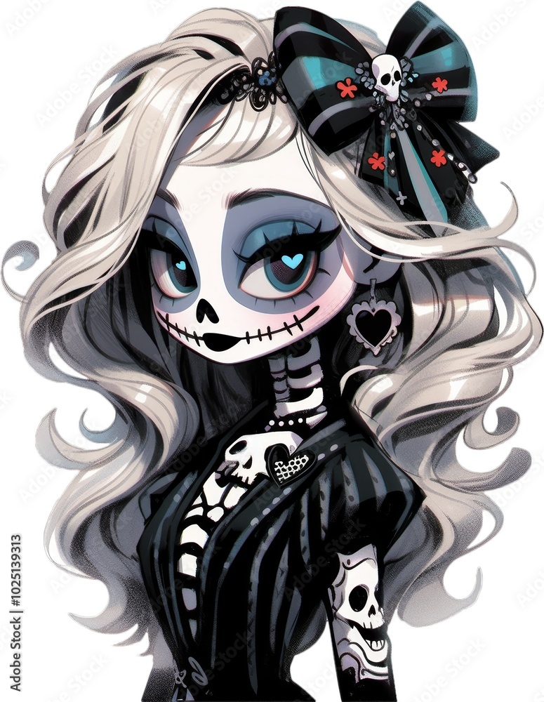 Stylized illustration of a gothic girl with skeleton makeup, blonde ...