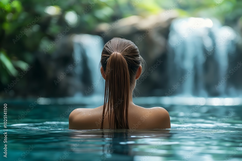 Rear View of a Woman Swimming in a Relaxing Waterfall Pool, Active and ...