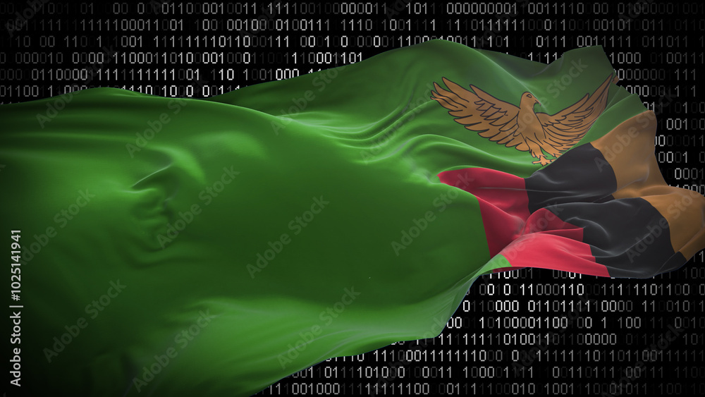 Binary code on flag of Zambia. Program source code or Hacker concept on Zambian flag. Zambia ...