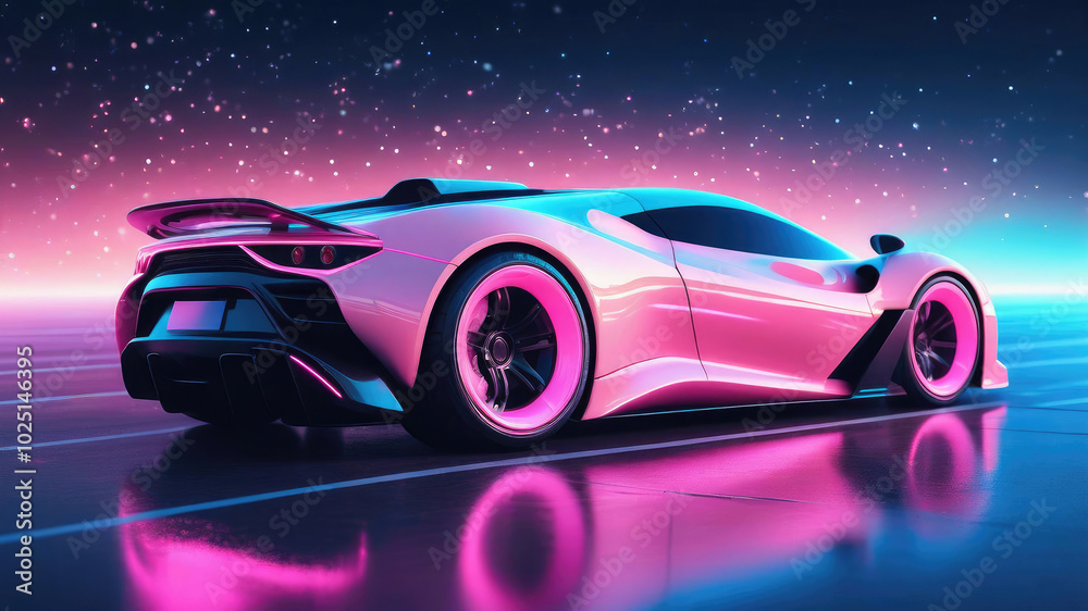 Luxury sports car in neon sky blue and pink lights, powerful ...