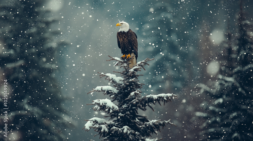 bald eagle sitting on a tall spruce tree, eagle's eyes focused on the ...