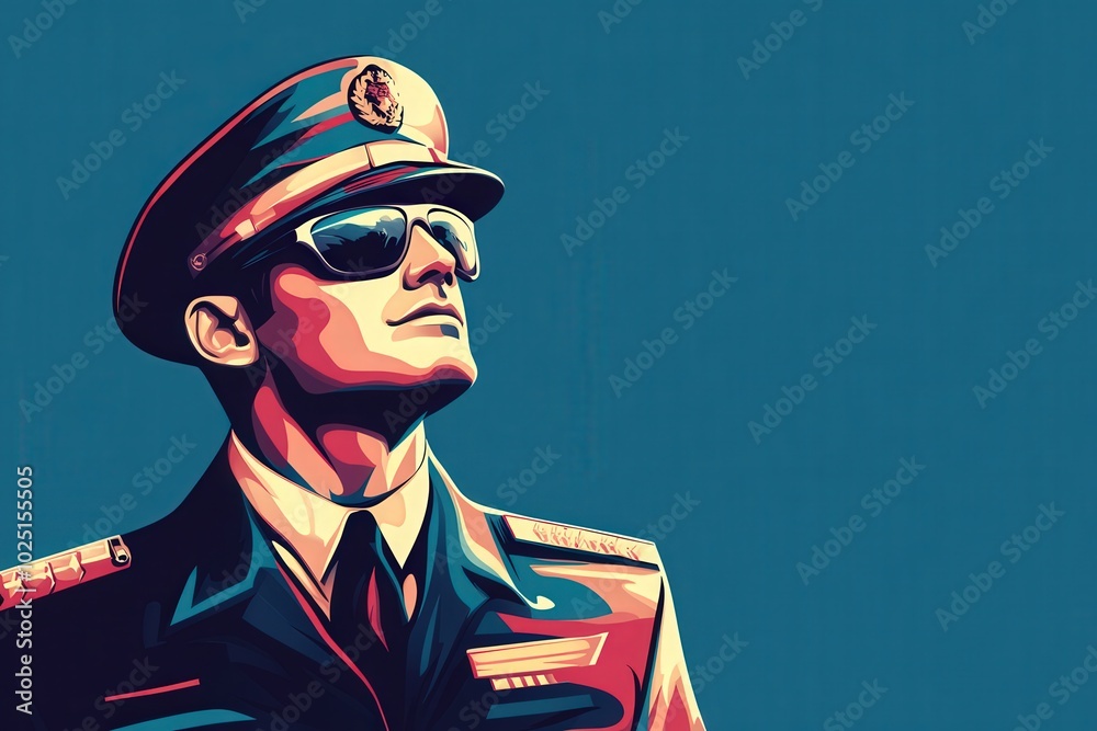 An airline pilot dressed in a formal uniform stands proudly, gazing ...