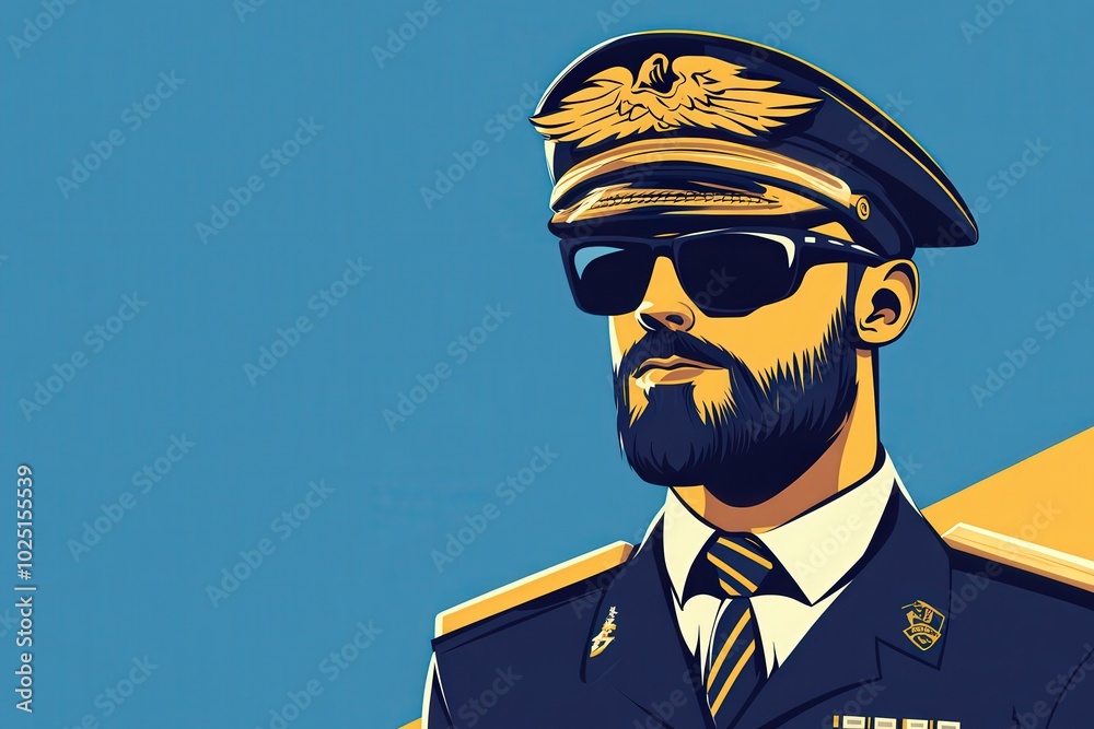 An airline pilot dons a sharp uniform with sunglasses, exuding ...