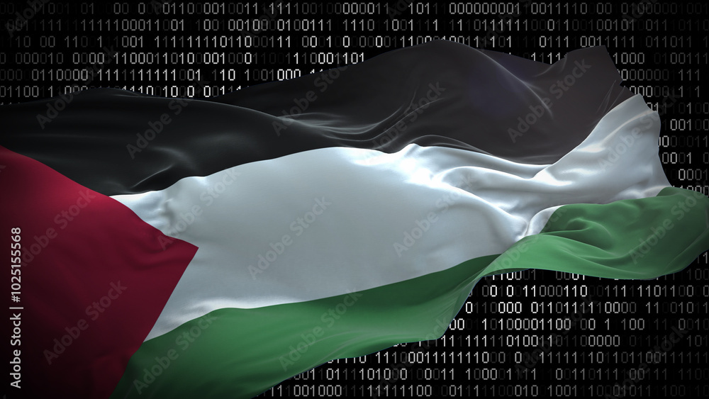 Binary code on flag of Palestine. Program source code or Hacker concept on Palestinian flag ...