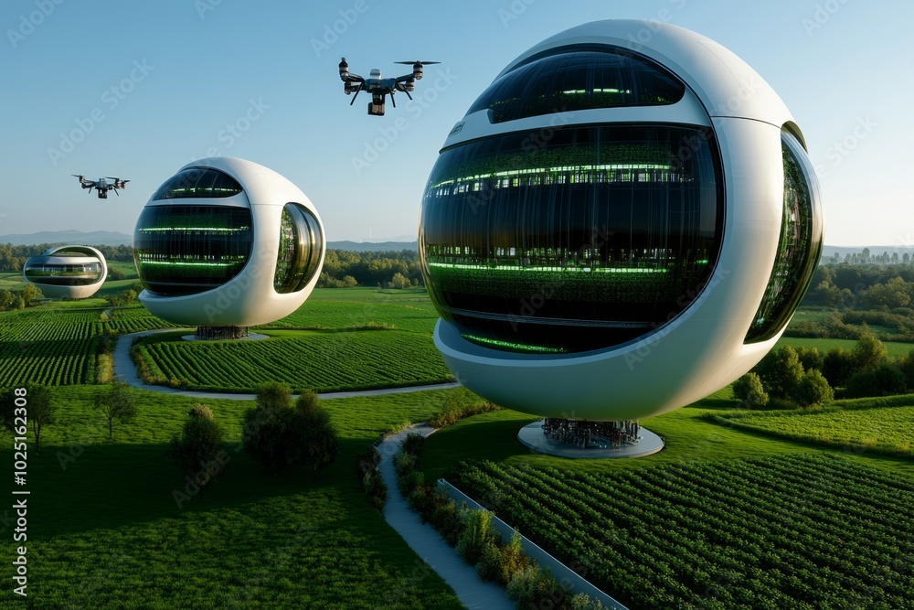 Futuristic rural farm, where vertical farming towers and drones oversee ...