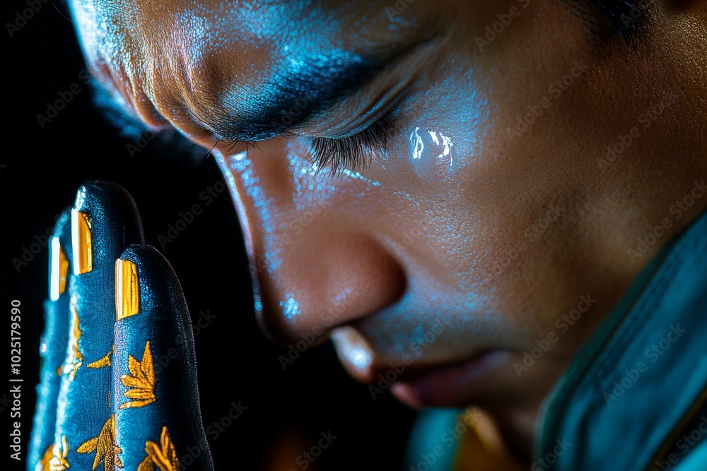 Hyper-realistic close-up of a tear falling from a soldierâ€™s face as ...