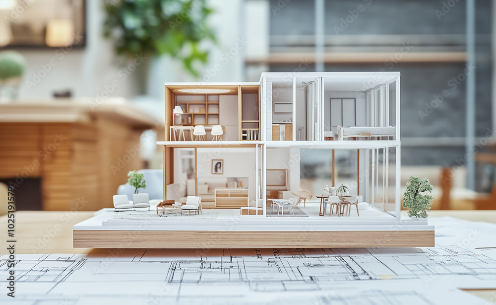 A detailed architectural model of a modern house placed on top of ...