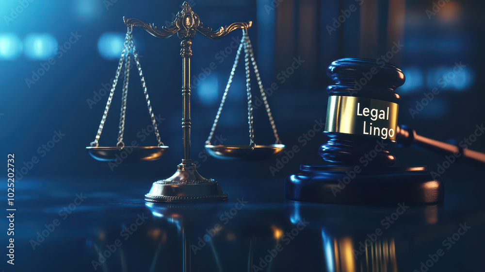 Bold serif font with scales of justice and gavel icons, shot with tilt ...