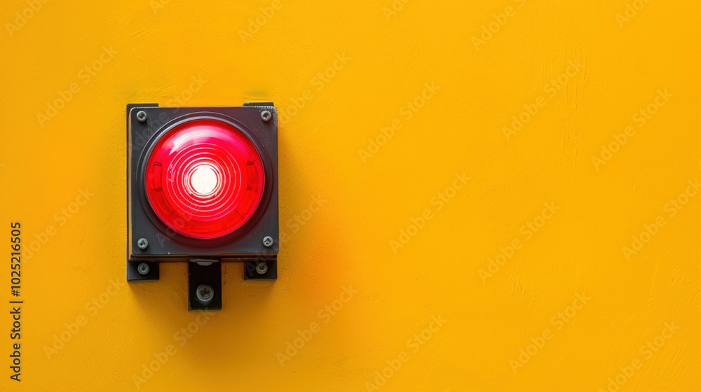 Red siren light bulb emergency urgency fire alarm detector on yellow ...