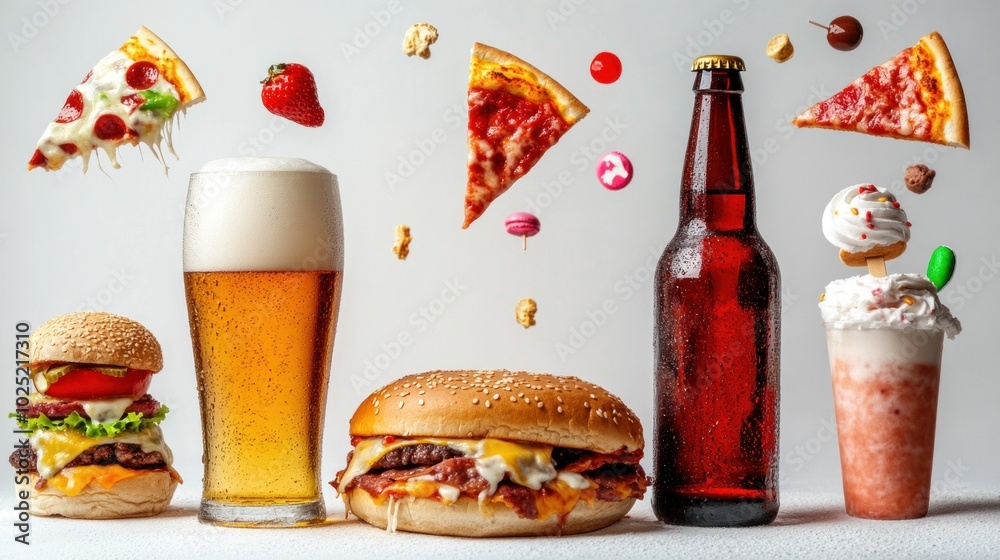 A fun arrangement of popular fast food items including burgers, pizza ...