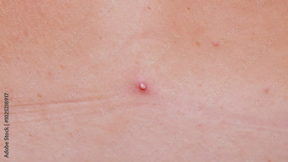 Young girl shows pimples on her skin on her back and shoulders ...