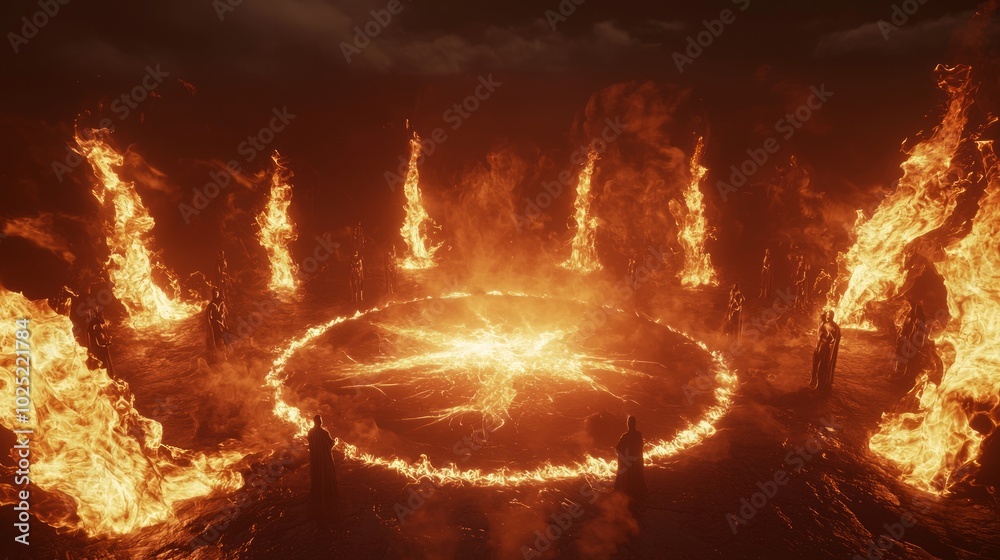 Infernal Conclave - 3D Render Illustration of Demonic Ritual in Fiery ...