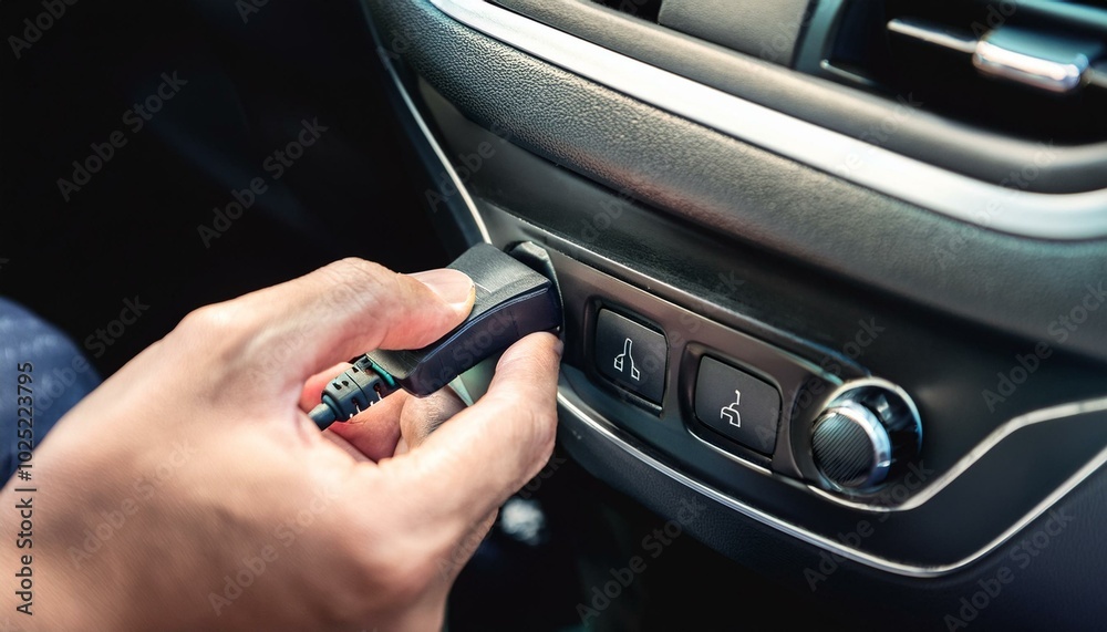 vehicle interior view of a hand plugging in a usb cable to a usb in car ...