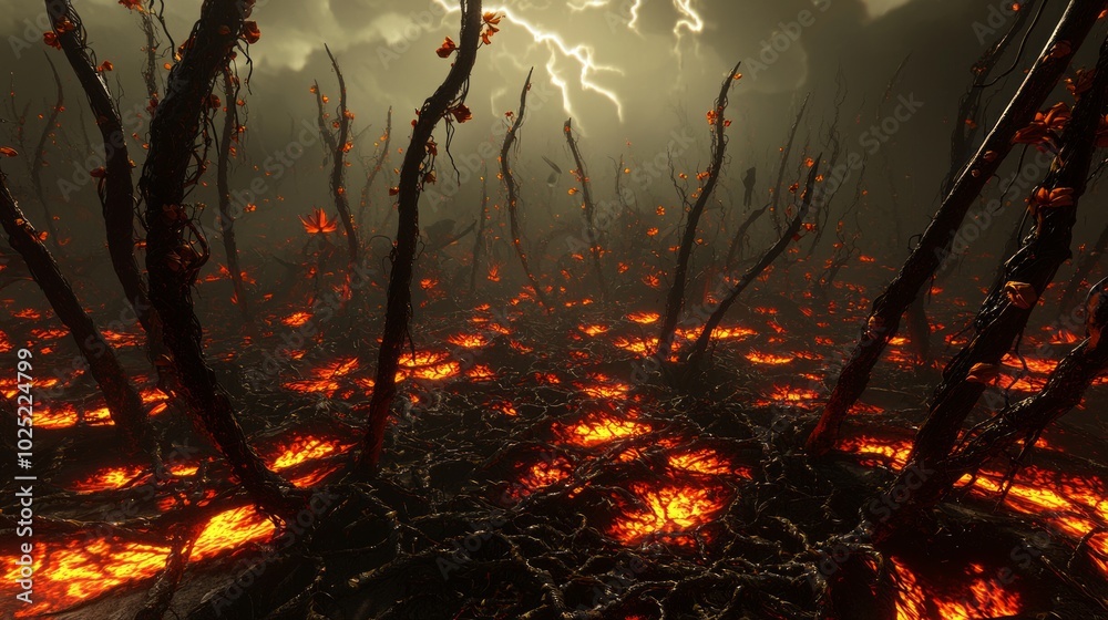 Infernal Thorny Vines and Fiery Flowers - Cinematic 3D Render of a ...