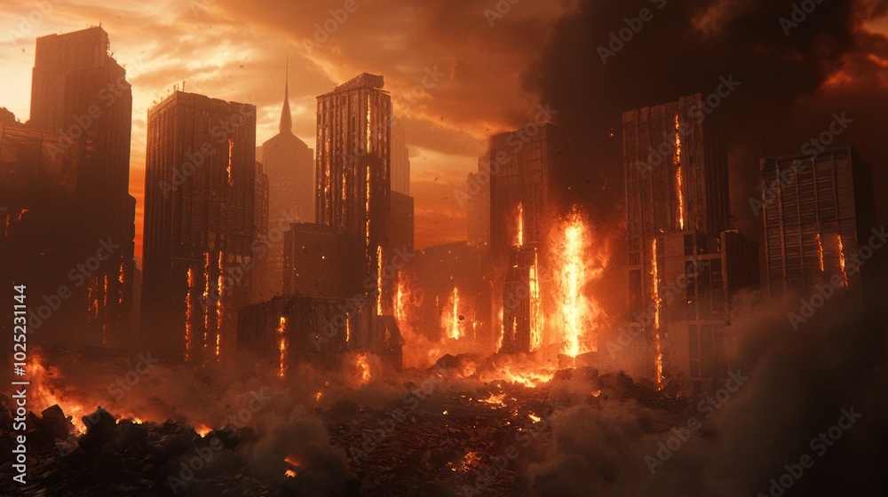 Apocalyptic Inferno - A 3D Render of a Devastated City Engulfed in ...