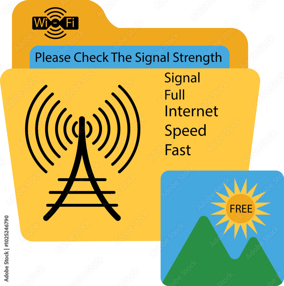 Layered file of Folder, hill, sun, connection, antenna, wave, sign ...