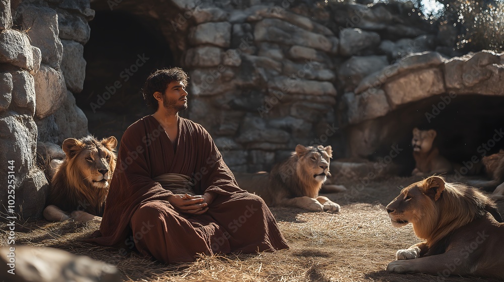 Powerful Depiction of Daniel in the Lions' Den, Captured in a Dimly Lit ...