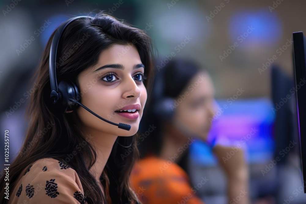 Woman works as customer service representative. Pretty female agent ...