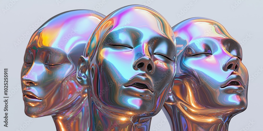 Three faces made of metal with a shiny, metallic sheen. The faces are ...