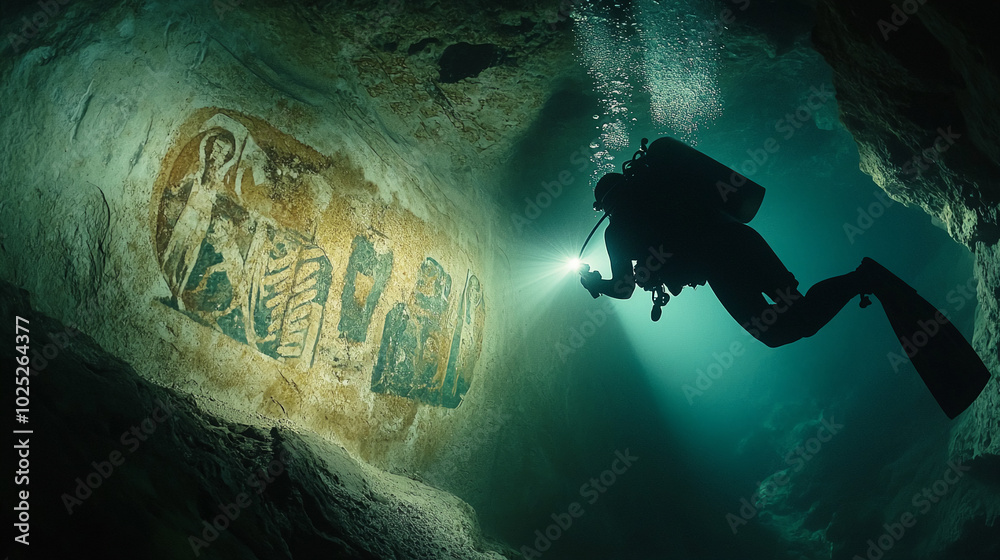 A scuba diver swims through a dark, underwater cave, their light ...