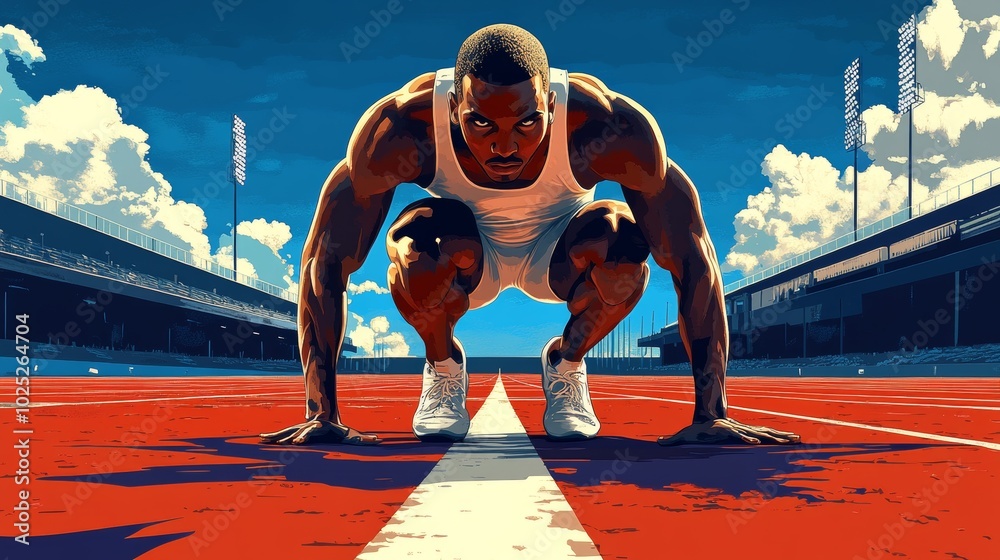 Vector art of a sprinter in starting blocks, poised and focused ...