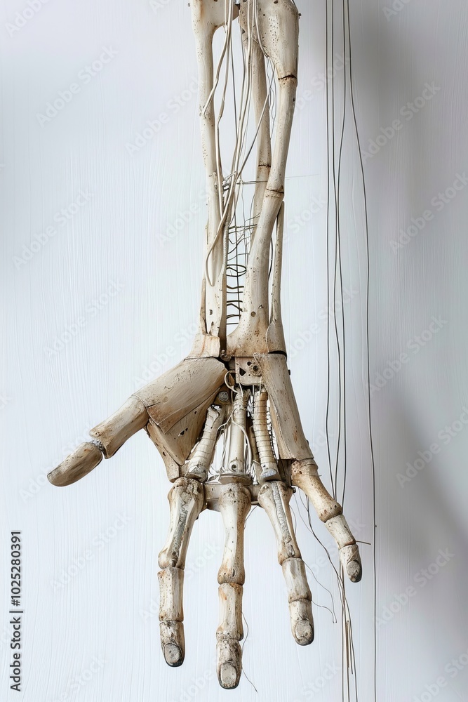Realistic biomechanical hand with pointing ring finger, exposed wires ...