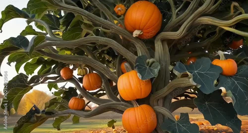A tree with twisting, woody vines resembling the structure of a pumpkin ...