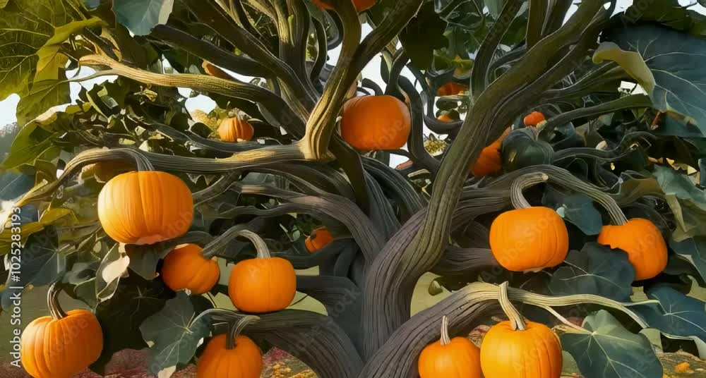 A tree with twisting, woody vines resembling the structure of a pumpkin ...