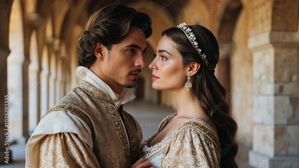 In the courtyard of a majestic stone castle, a medieval couple shares ...