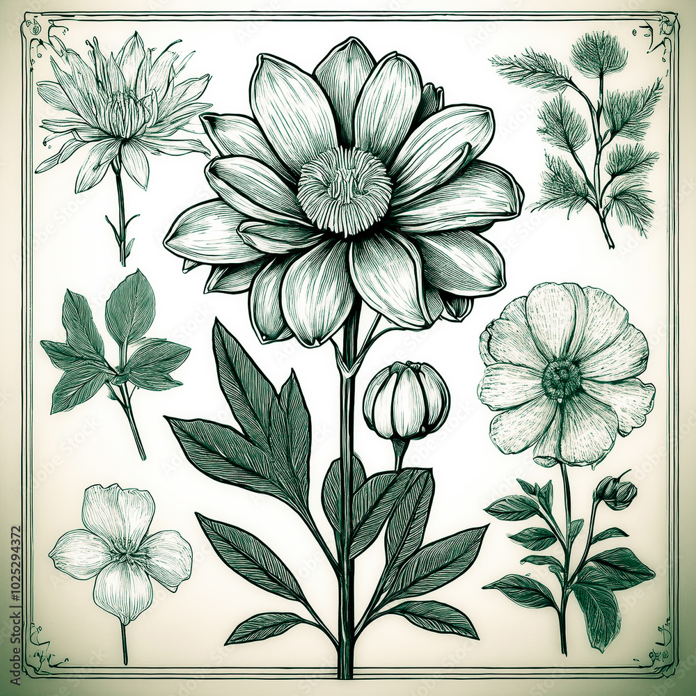A vintage botanical illustration featuring a large detailed drawing of ...