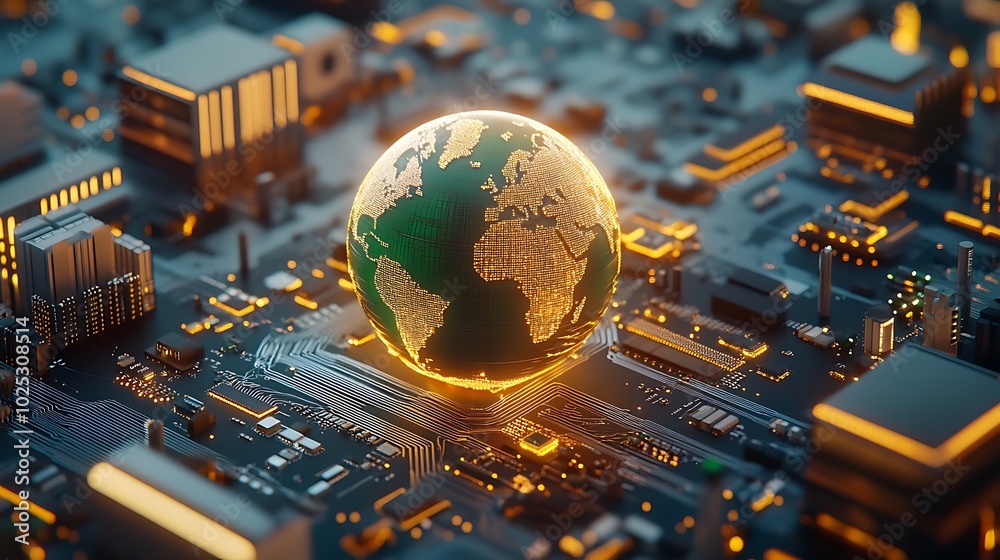 Earth in a Matrix of Servers and Cables: The planet is embedded in a web of digital servers ...