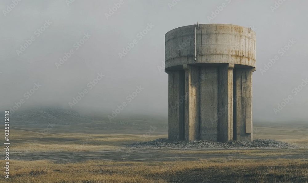 Brutalist water tower with thick, cylindrical concrete supports and a ...