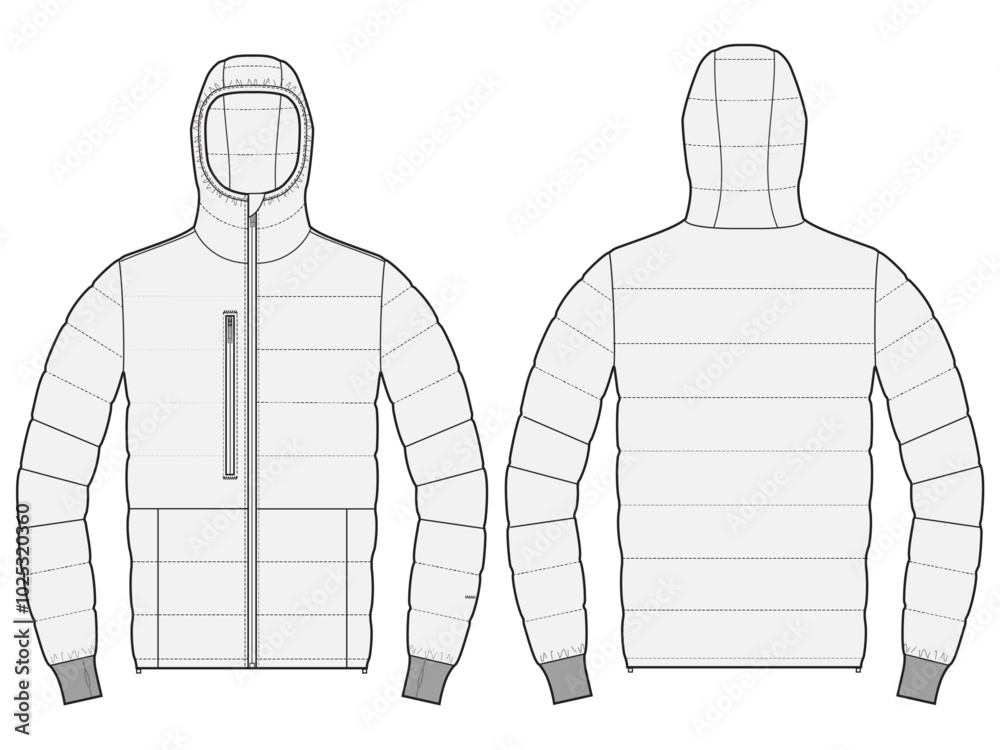 Hooded down puffer jacket technical CAD fashion illustration front and ...