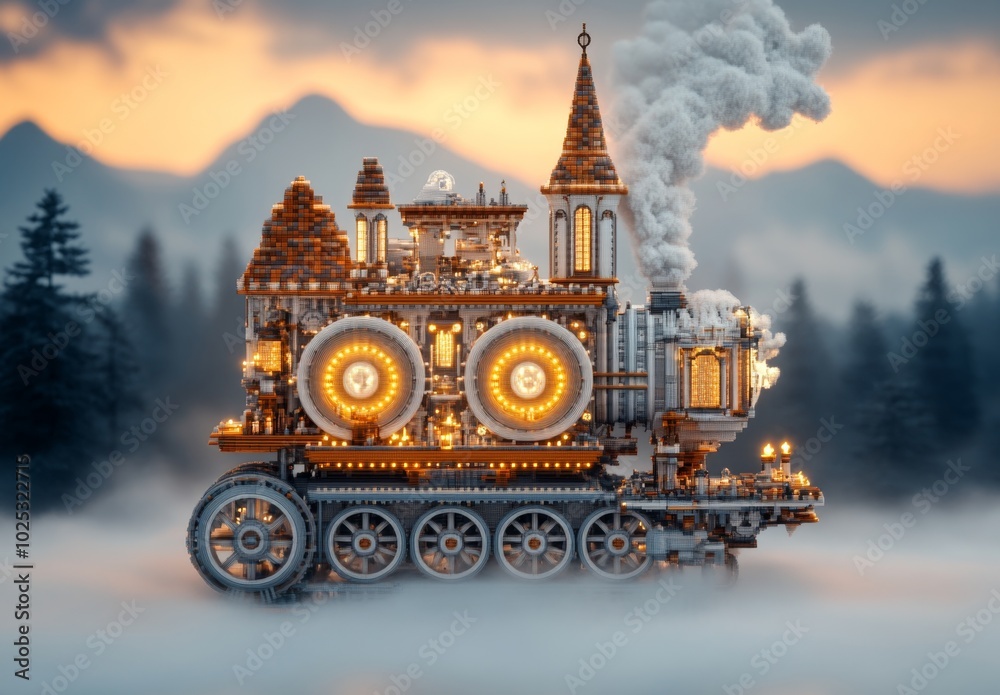 A steam-powered train shaped like a castle, with glowing windows, is ...