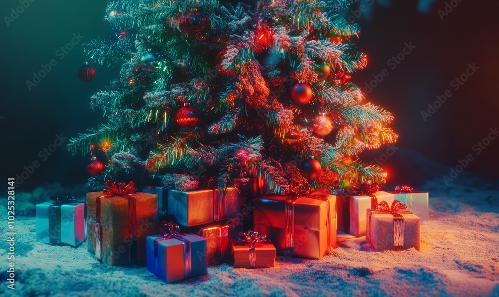 Heatmap of a Christmas tree with presents underneath, warm colors ...