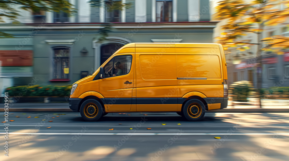 Yellow van is driving down a street. The van is the main focus of the ...