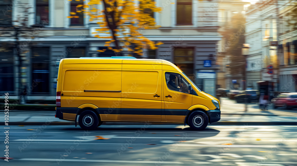 Yellow van is driving down a street. The van is the main focus of the ...