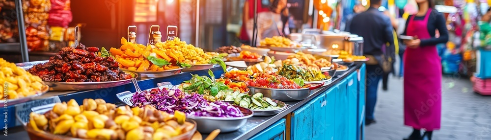 Vibrant street market scene with colorful fresh produce and diverse ...