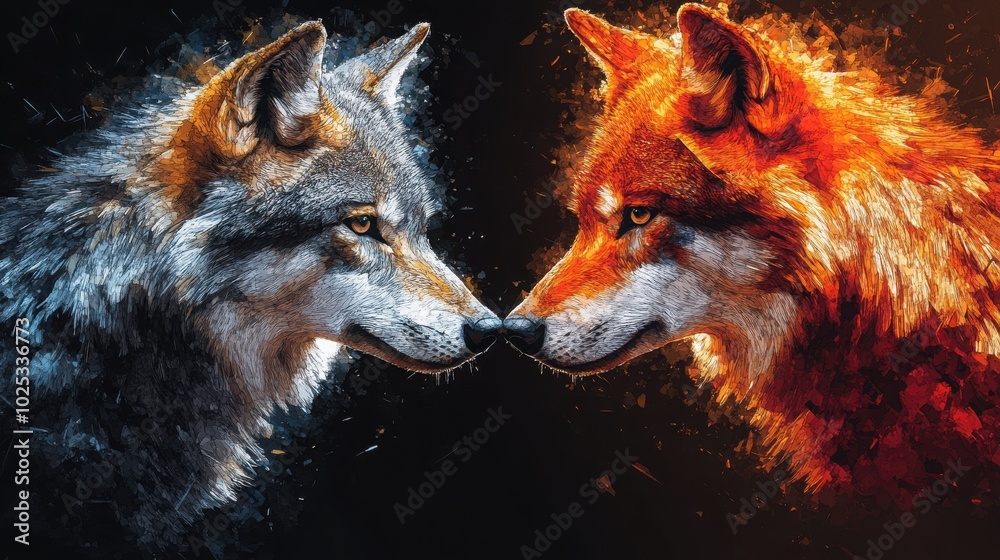 Two wolves, one gray and one orange, face each other with intense eyes ...