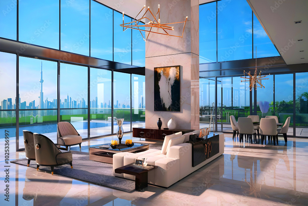 3D interior of a living and dining room with windows, designer ...