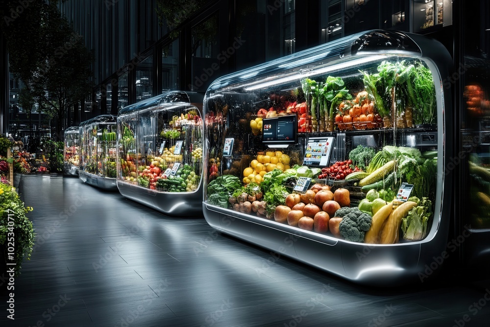 futuristic grocery store with illuminated smart shelves displaying ...