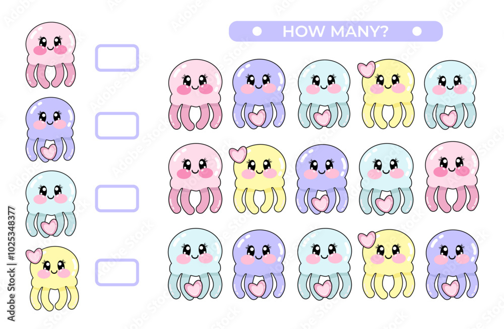 Vector counting game for kids. How many objects task with jellyfish ...