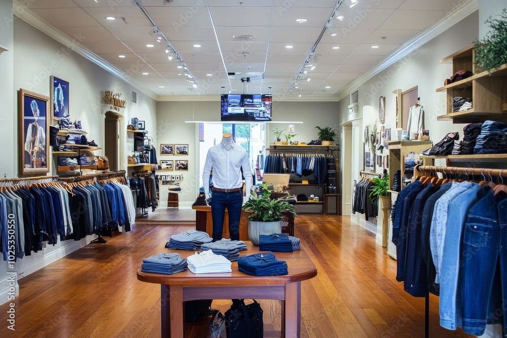 Contemporary men’s clothing store interior with wooden floors, display ...