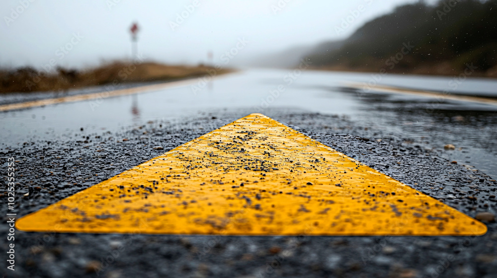 A yellow triangle road marking painted on a wet asphalt road with a ...