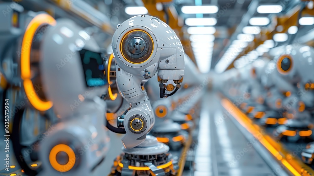 Industrial Robot Arms Assemble Lithium-Ion EV Battery Pack. Row of ...